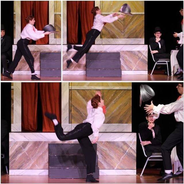 Carolyn's "waiter with wobbly stack of plates" bit from Hello Dolly ...