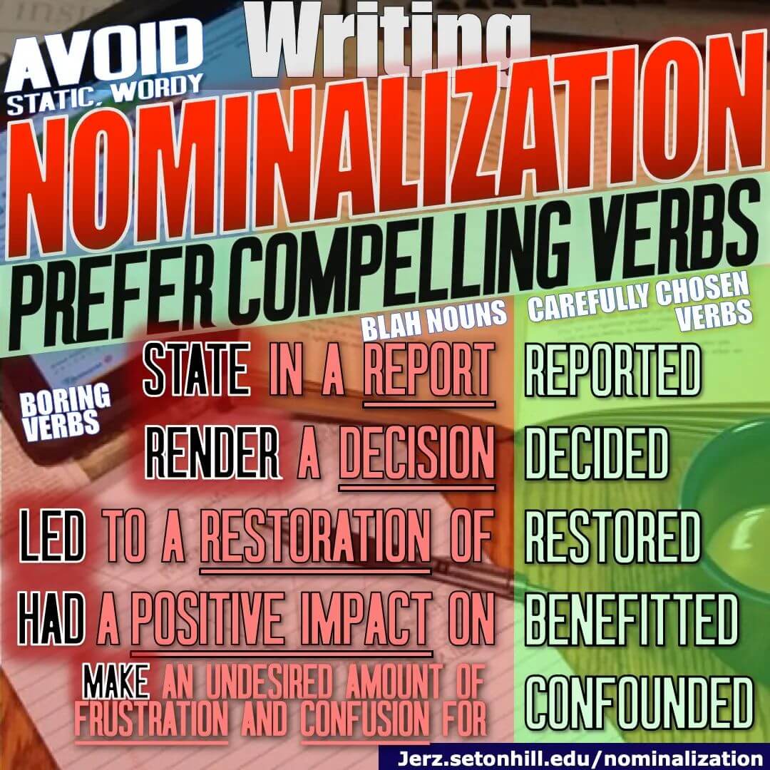 Avoid static, wordy nominalization. Prefer compelling verbs. - Jerz's ...